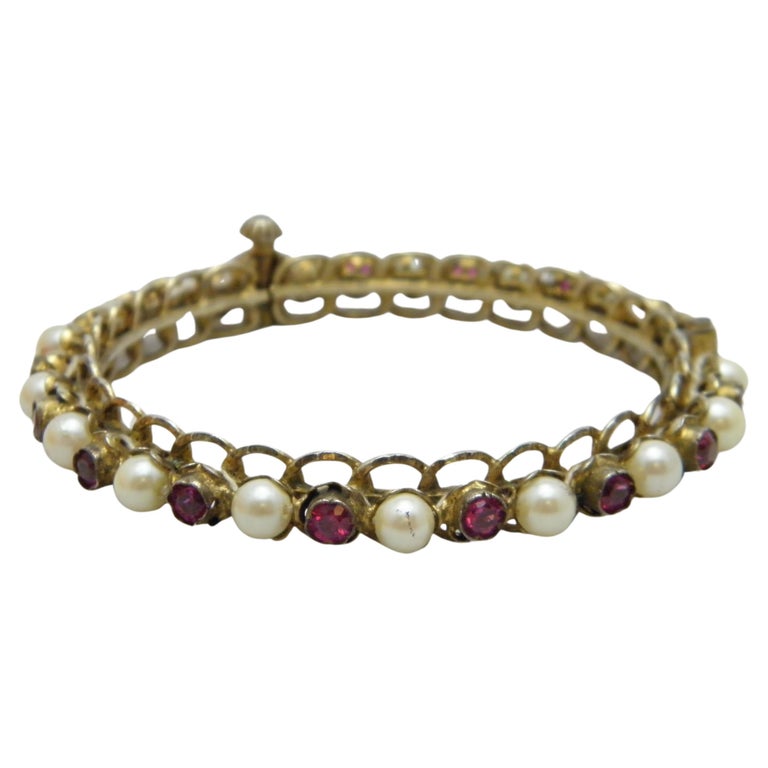 Antique 9ct Gold 'Rolled' Ruby Pearl Paste Hinged Bracelet Bangle 375 ...