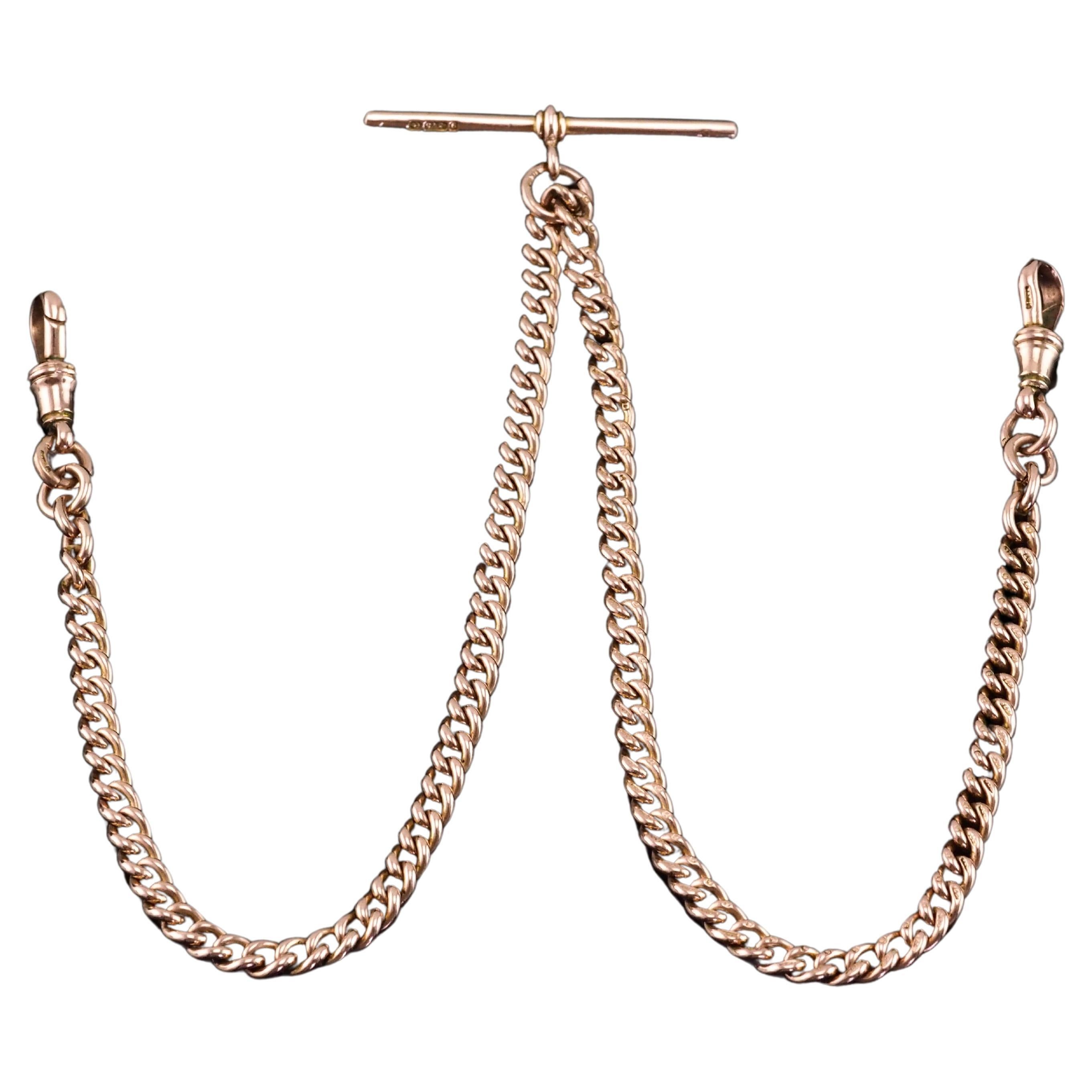 Antique 1910s T Bar Watch Chain in 9 Karat Yellow Gold For Sale at 1stDibs