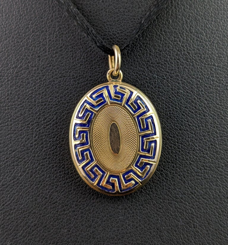 Antique 9k gold and blue enamel mourning locket, Greek key design For ...