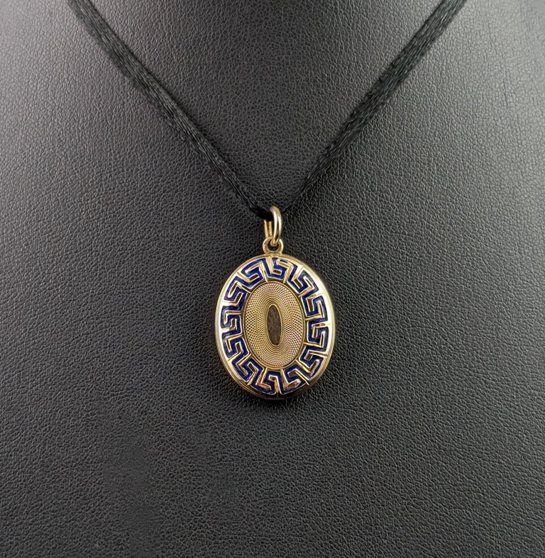 Antique 9k gold and blue enamel mourning locket, Greek key design For ...