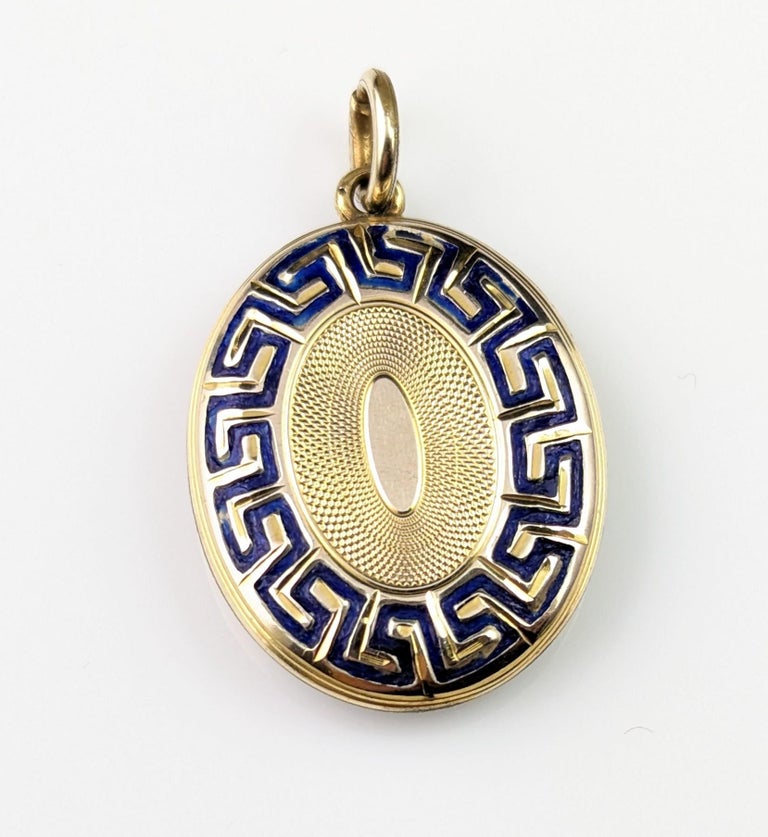 Antique 9k gold and blue enamel mourning locket, Greek key design For ...