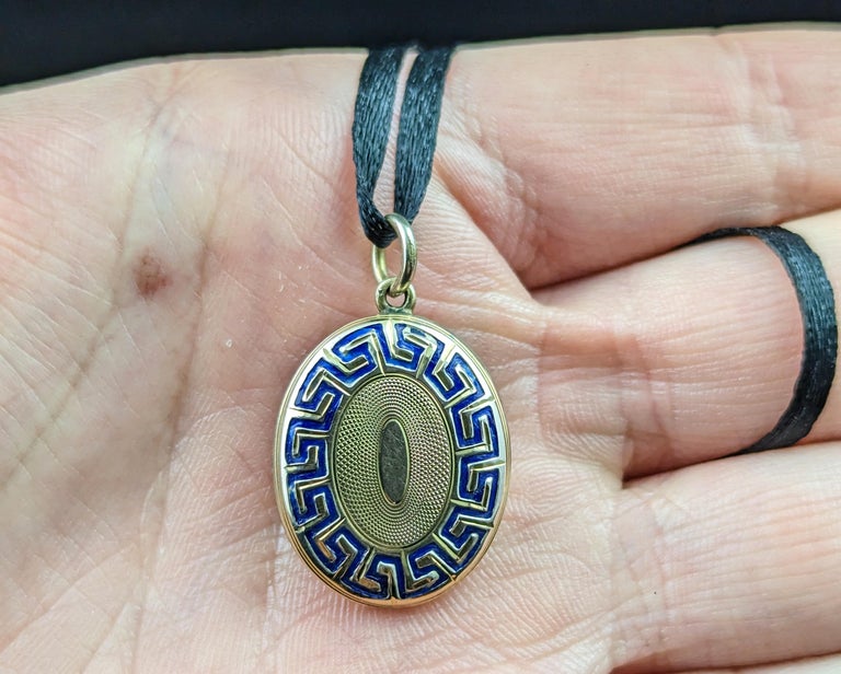 Antique 9k gold and blue enamel mourning locket, Greek key design For ...