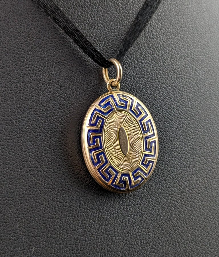 Antique 9k gold and blue enamel mourning locket, Greek key design For ...