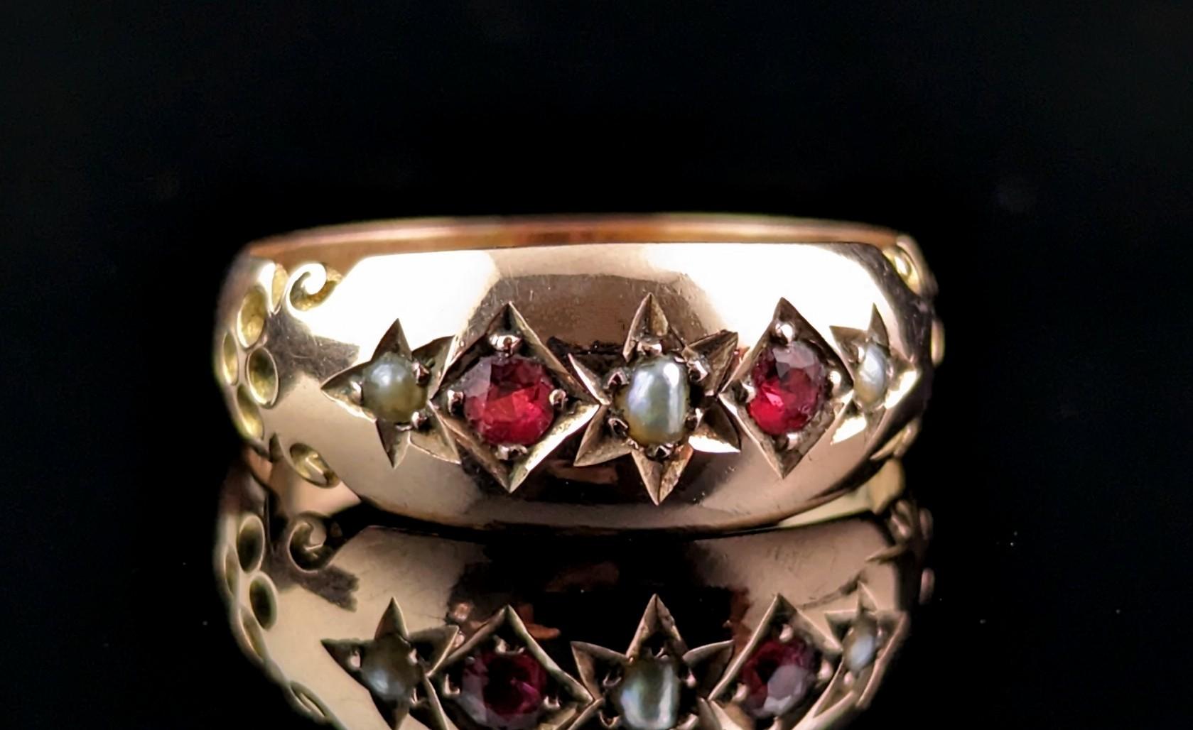 Antique 9k gold gypsy set ring, Pearl and Red Paste, Edwardian For Sale ...