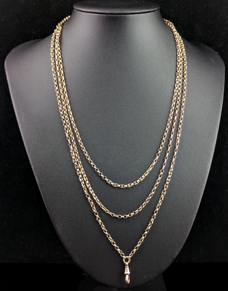 Antique 9k Gold Longuard Chain Necklace, Rolo and Fancy Link, Victorian ...