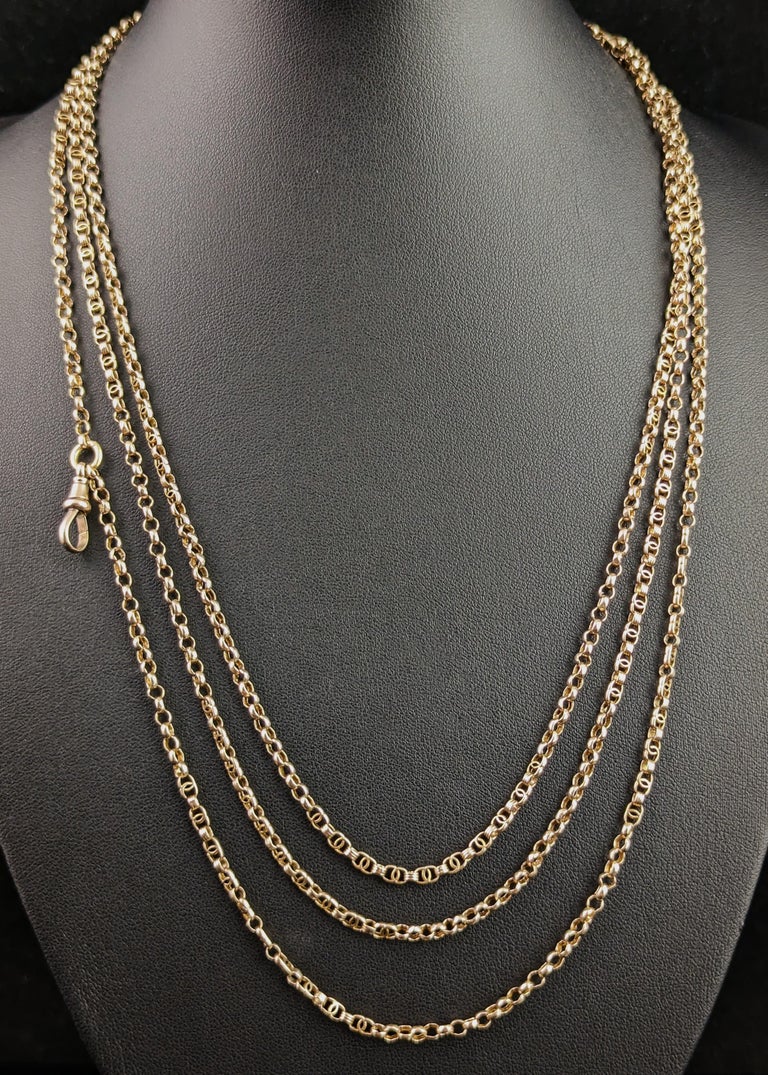Antique 9k Gold Longuard Chain Necklace, Rolo and Fancy Link, Victorian ...