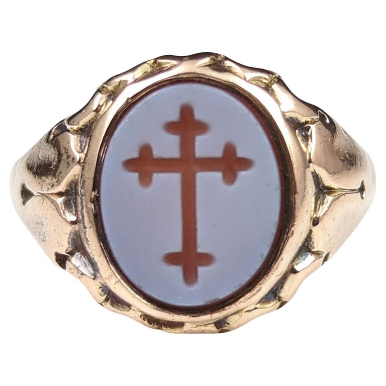 Antique 9k Gold Sardonyx Signet Ring, Cross, Victorian For Sale at 1stDibs