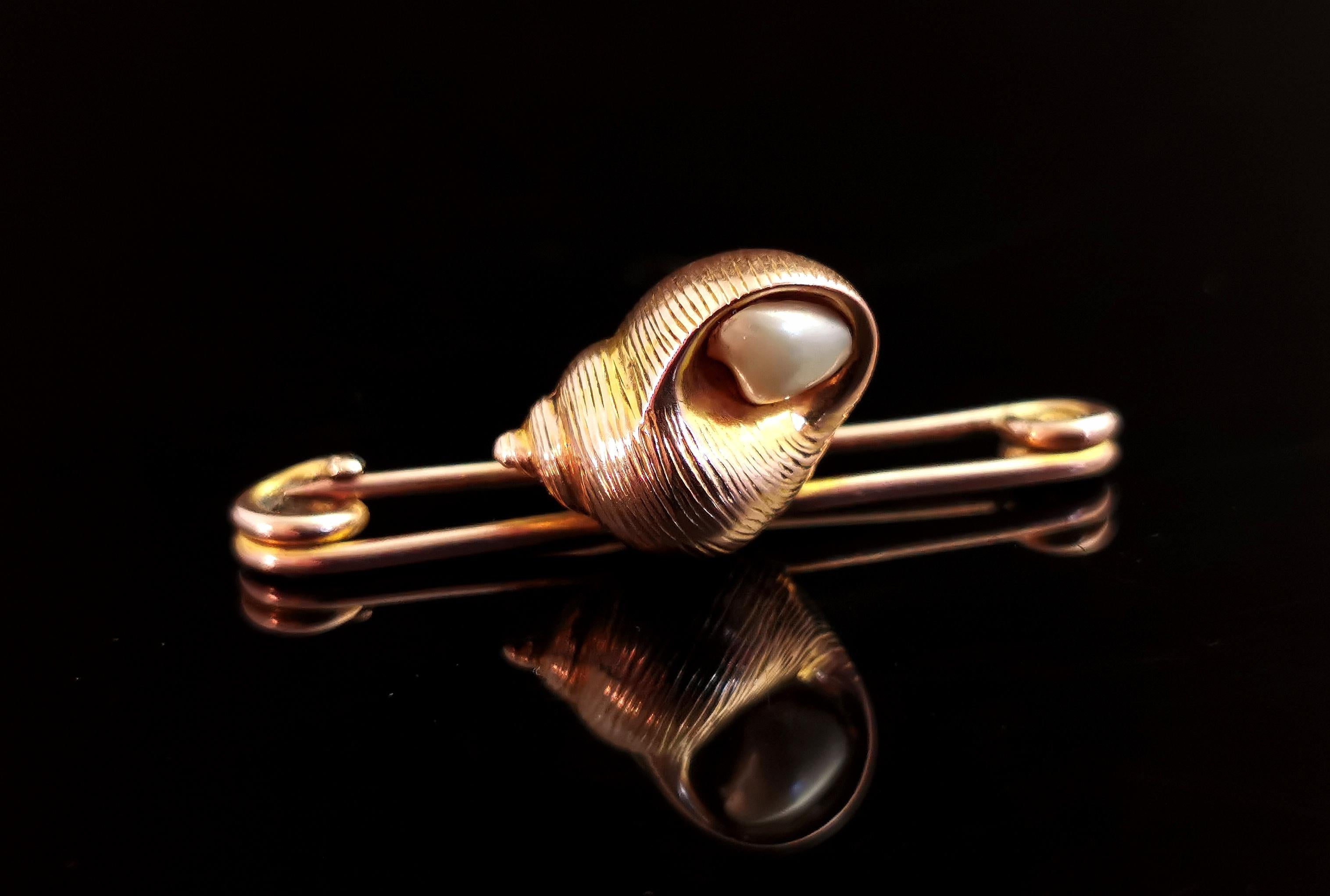 Antique 9k Gold Seashell Brooch, Baroque Pearl, Victorian at 1stDibs