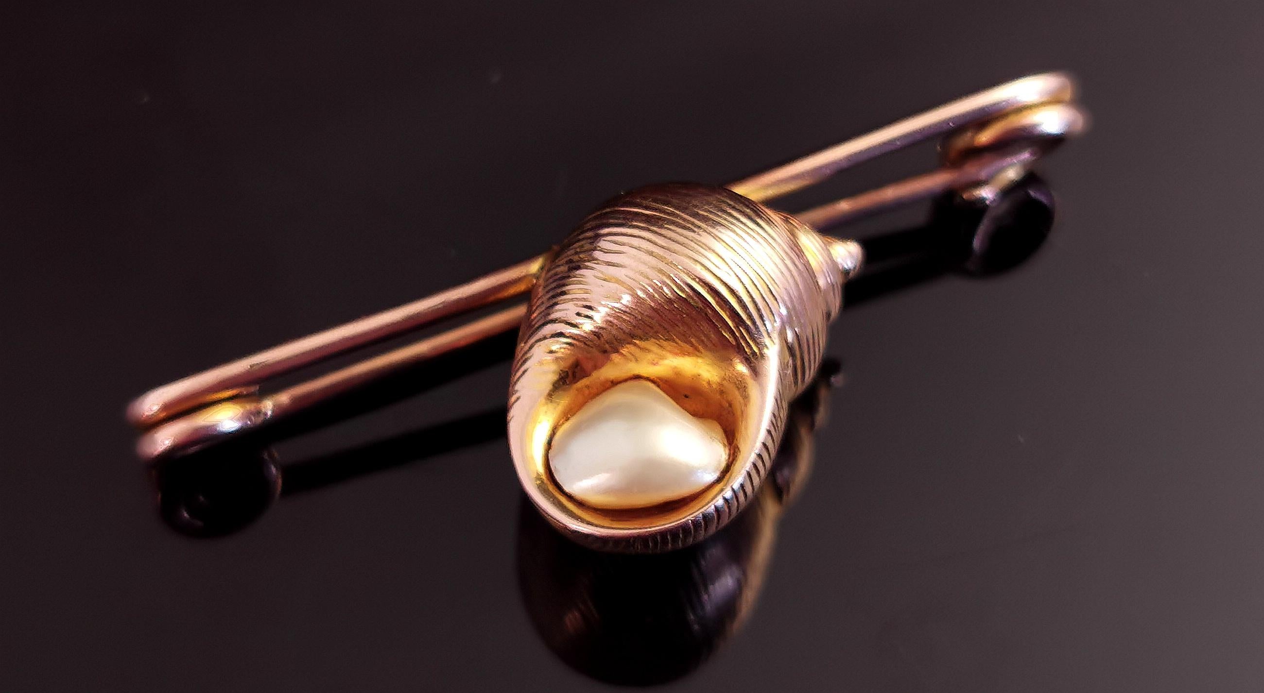 Antique 9k Gold Seashell Brooch, Baroque Pearl, Victorian at 1stDibs
