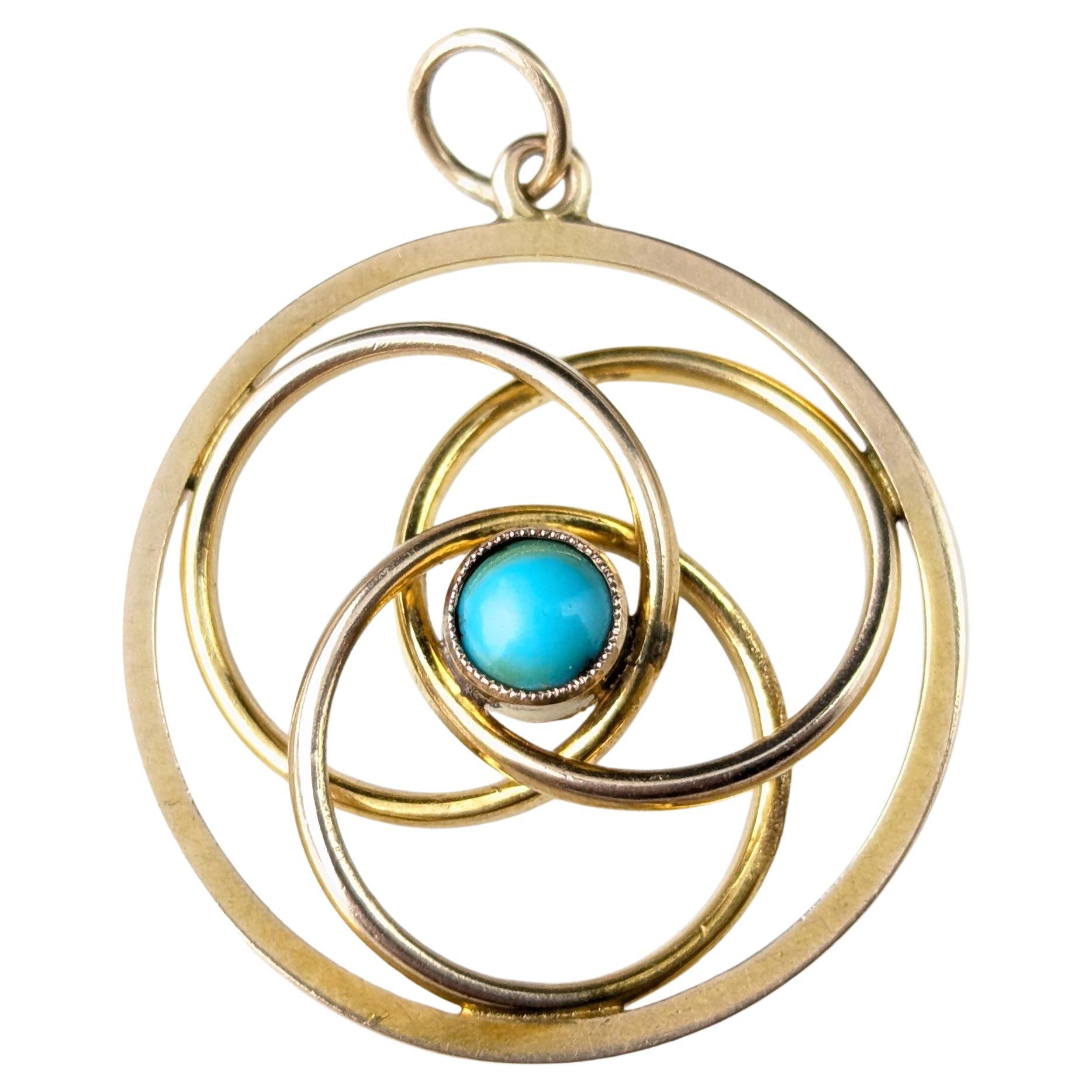 Antique 9k gold Turquoise loop, circles pendant at 1stDibs