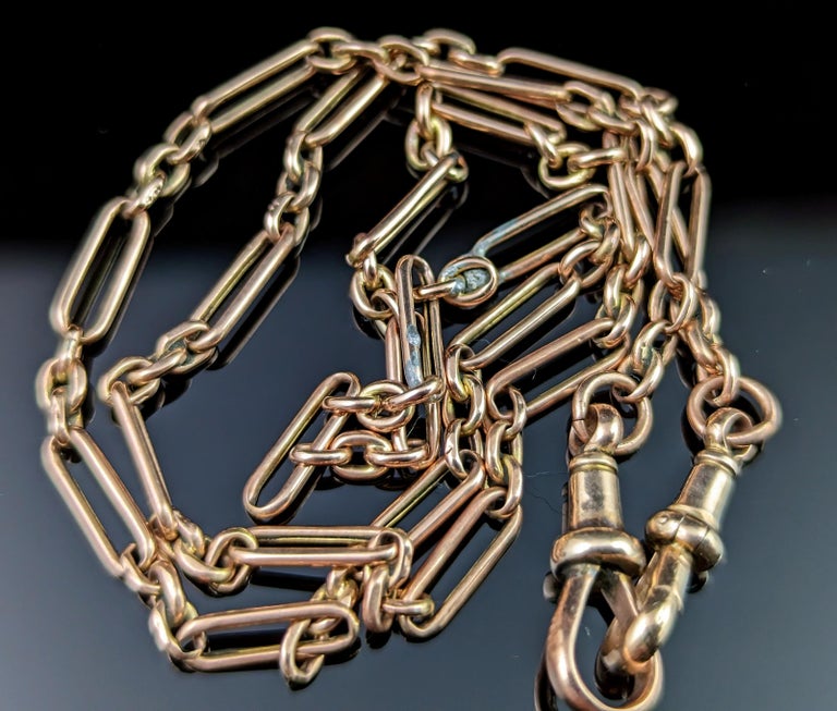 Antique 9k Rose Gold Albert Chain, Necklace, Trombone Link at 1stDibs