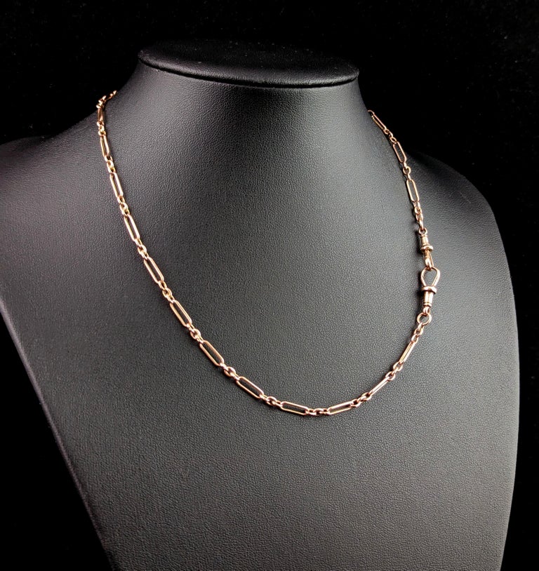 Antique 9k Rose Gold Albert Chain, Necklace, Trombone Link at 1stDibs