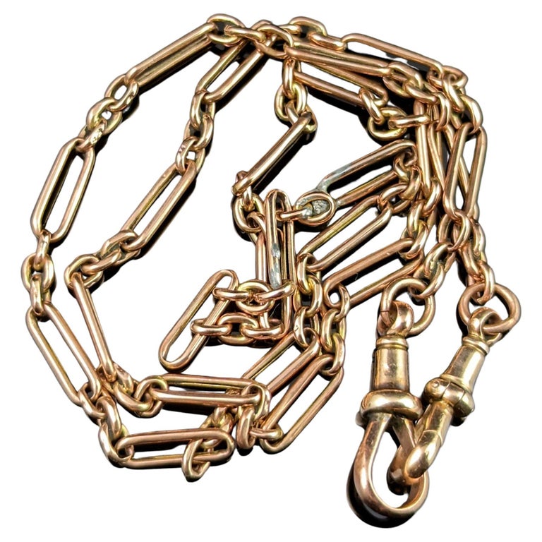 Antique 9k Rose Gold Albert Chain, Necklace, Trombone Link at 1stDibs