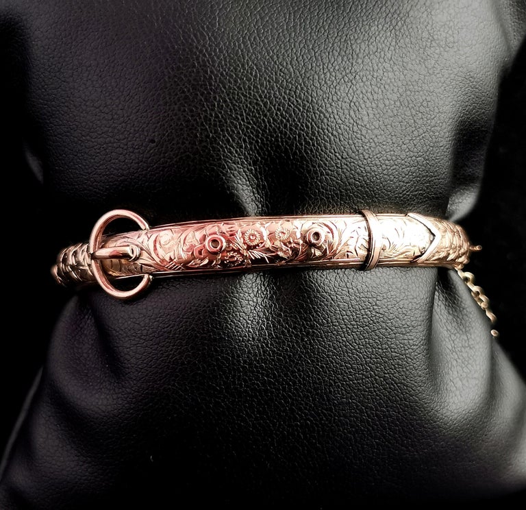 Antique 9k Rose Gold Buckle Bangle, Ivy Leaf Engraved, Edwardian For ...
