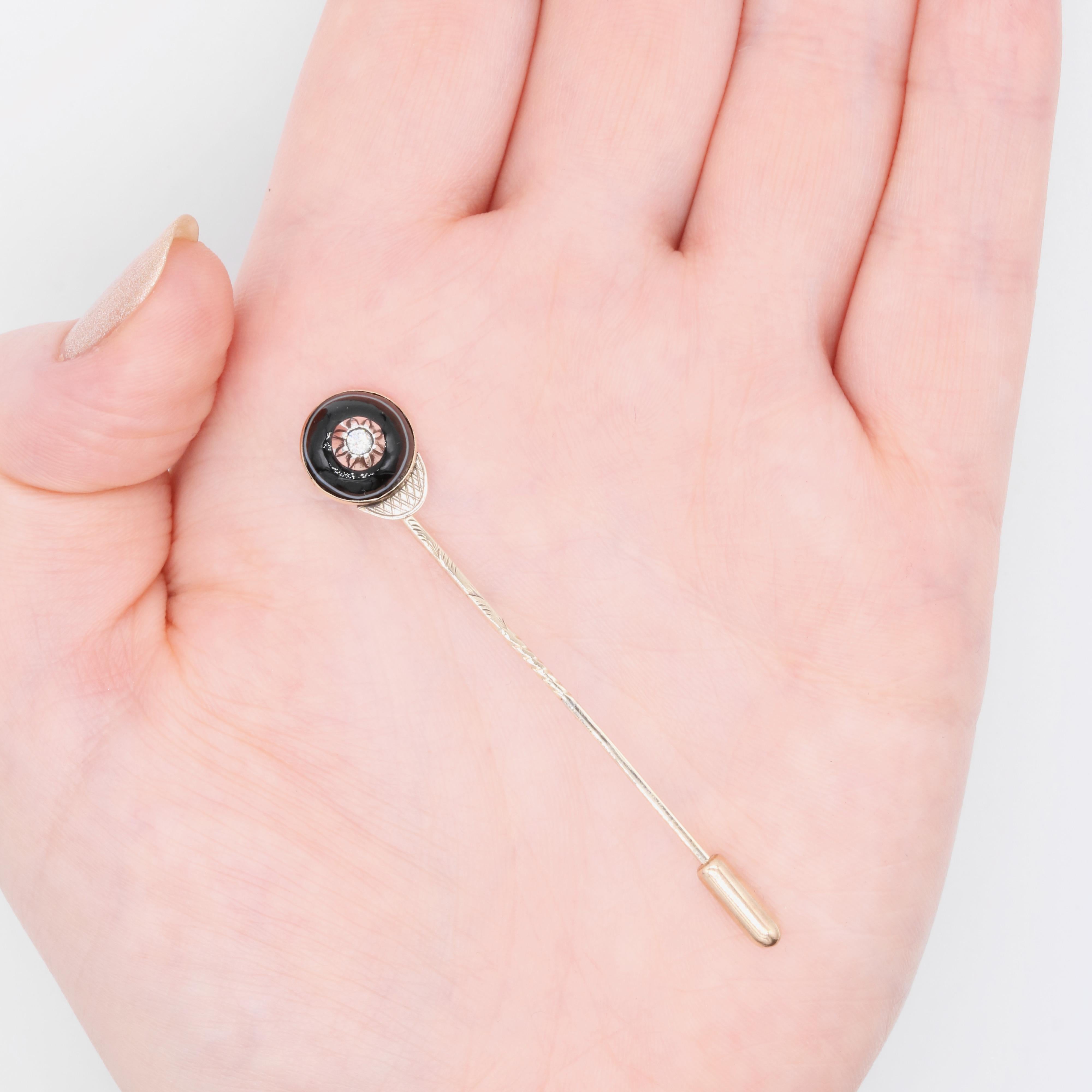 Antique 9K Yellow Gold Banded Onyx and Diamond Jockey Cap Stick Pin in ...