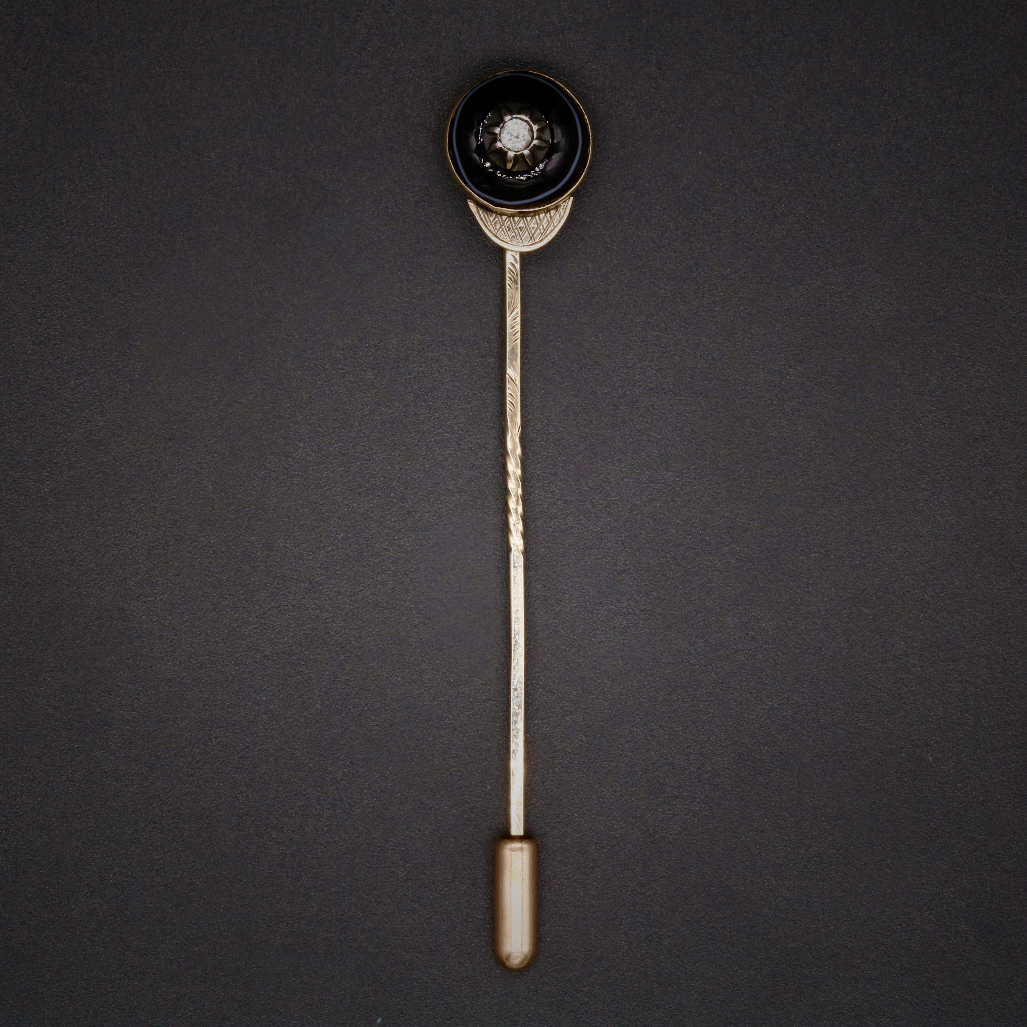 Antique 9K Yellow Gold Banded Onyx and Diamond Jockey Cap Stick Pin in ...