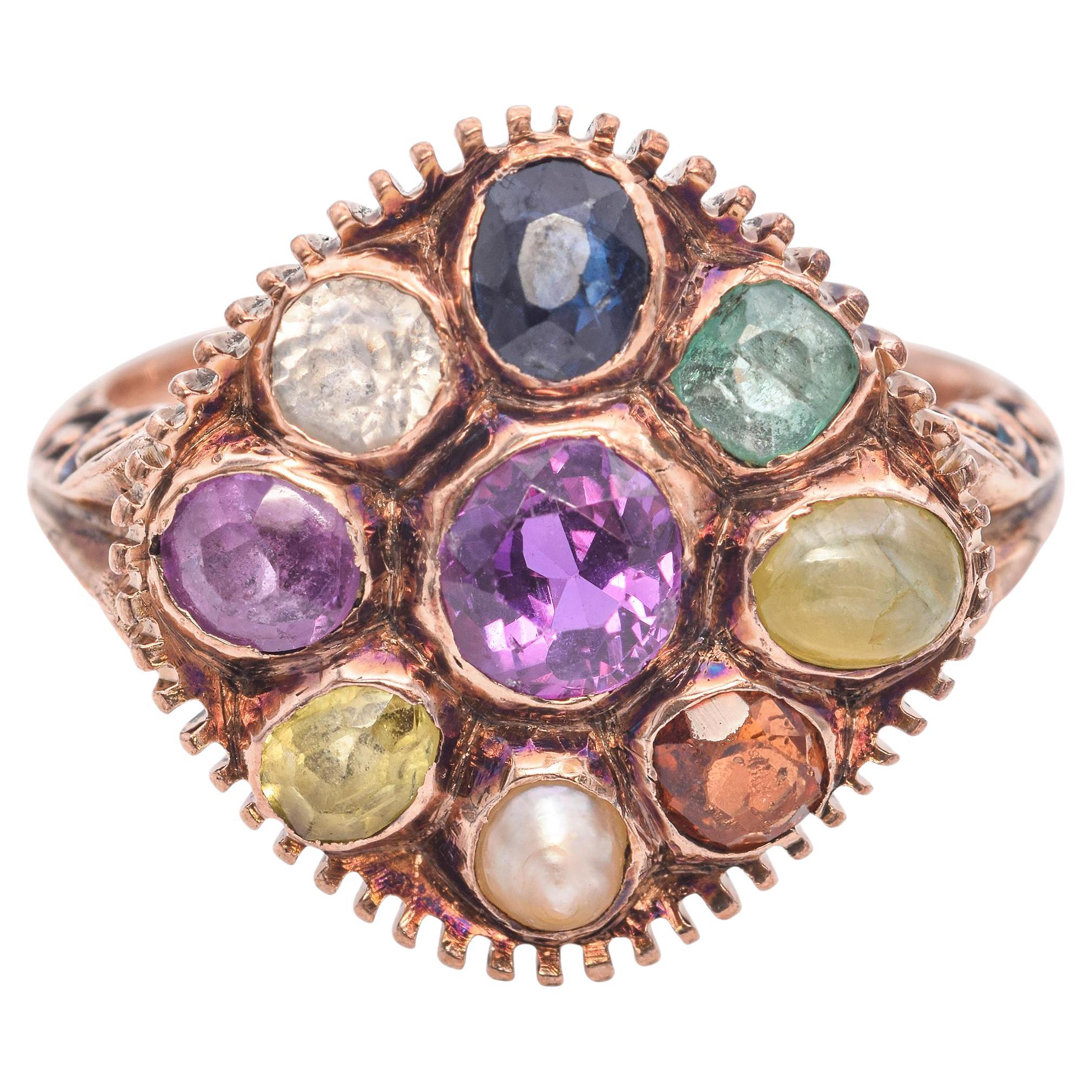 Antique 9K Yellow Gold Multi-Gemstone Ring For Sale at 1stDibs
