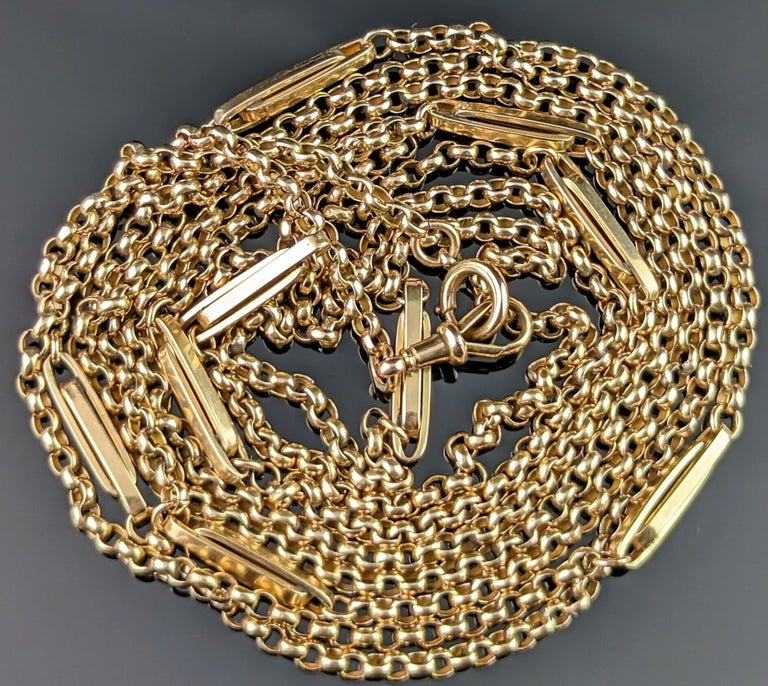 Antique 9 Kt Yellow Gold Fancy Link Long Chain Necklace, Guard Chain ...