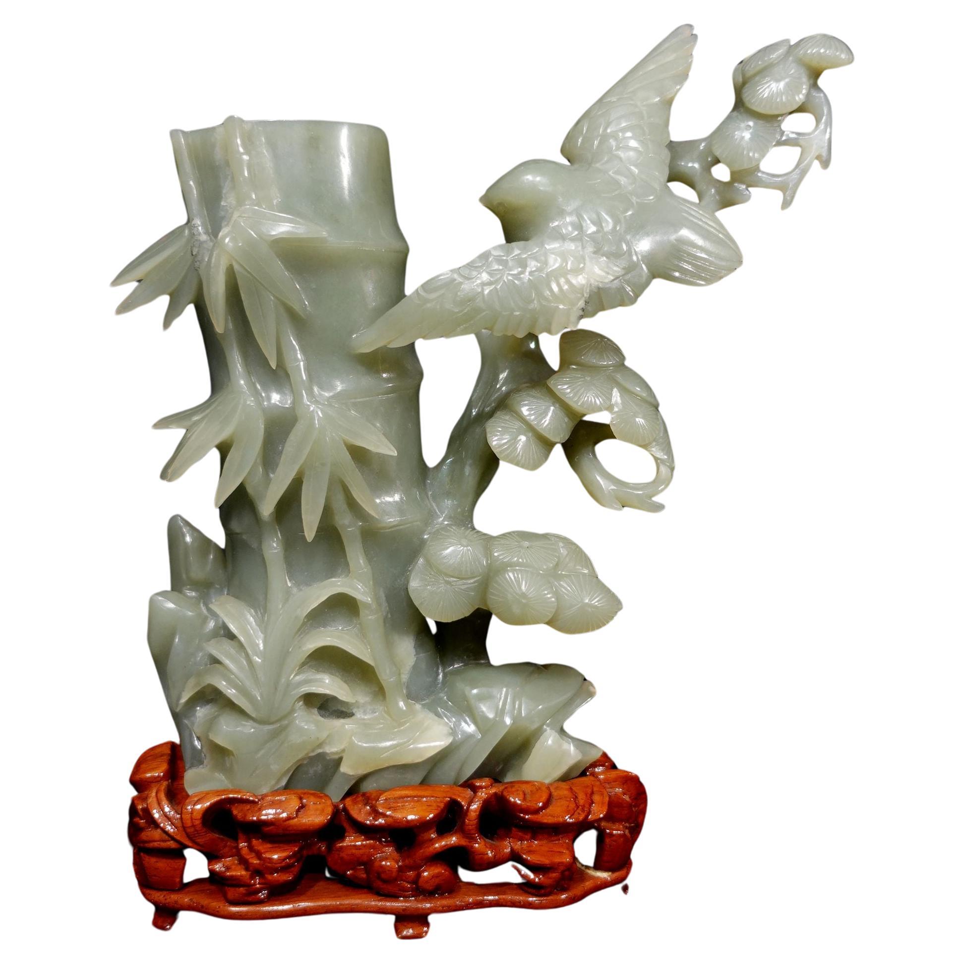 Antique A Large Chinese Carved Hetain Jade Flower Vase w/ Stand and Box ...