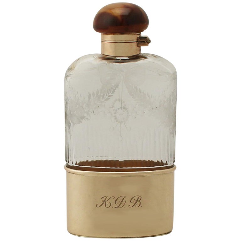 Antique Acid Etched Cut Glass and Yellow Gold Hip Flask at 1stDibs