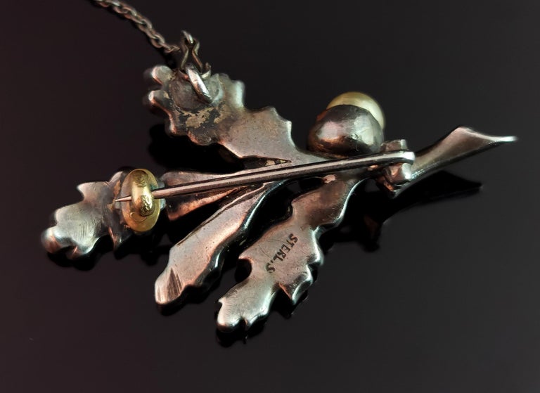Antique Acorn and Oak Leaf Brooch, Sterling Silver, Enamel and Paste at ...