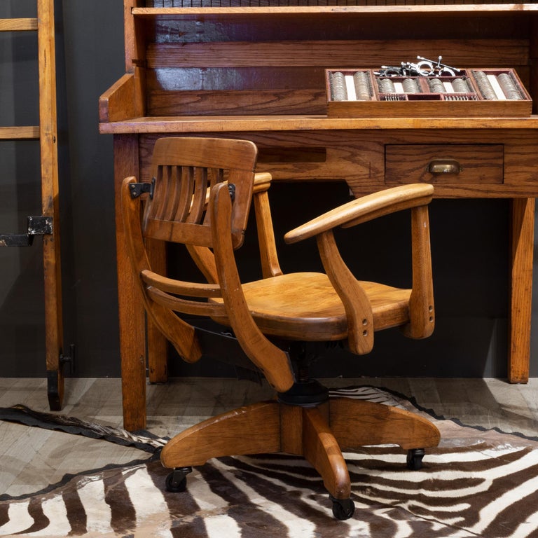 Rare Antique Adjustable Swivel Oak Desk Chair with Floating Back Rest c ...