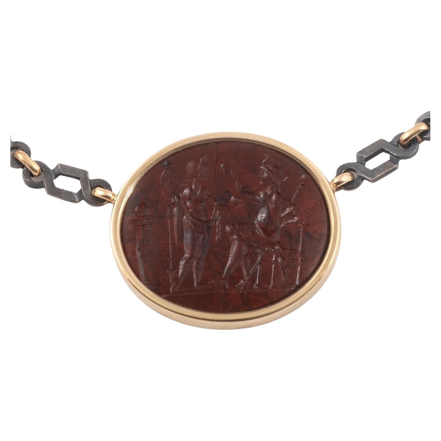 Vintage Oval Agate Intaglio and Black Diamond Surround Pendant Necklace ...