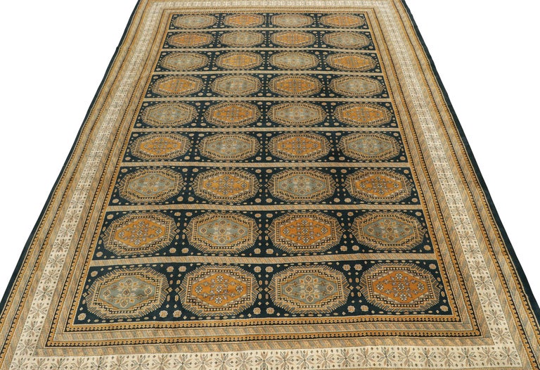 Rare Antique Agra rug in Navy with Blue and Gold Medallions For Sale at ...