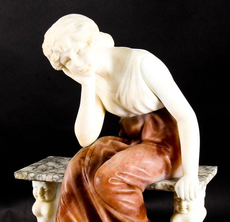 Alabaster Sculpture Wistfulness Young Lady on Bench on Pedestal, 19th ...