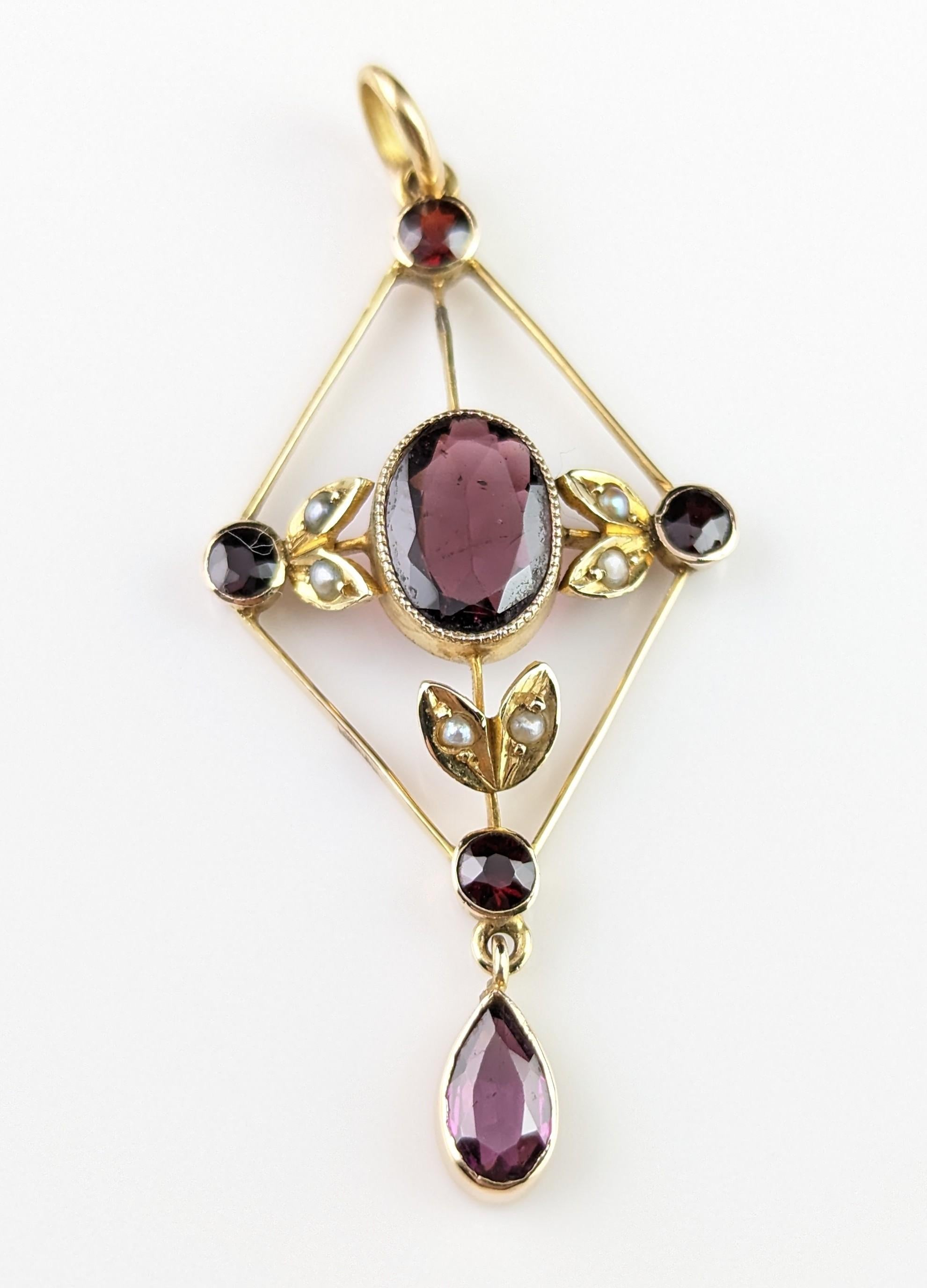 Antique Almandine Garnet and Pearl Lavalier Pendant, 9k Gold, Art ...