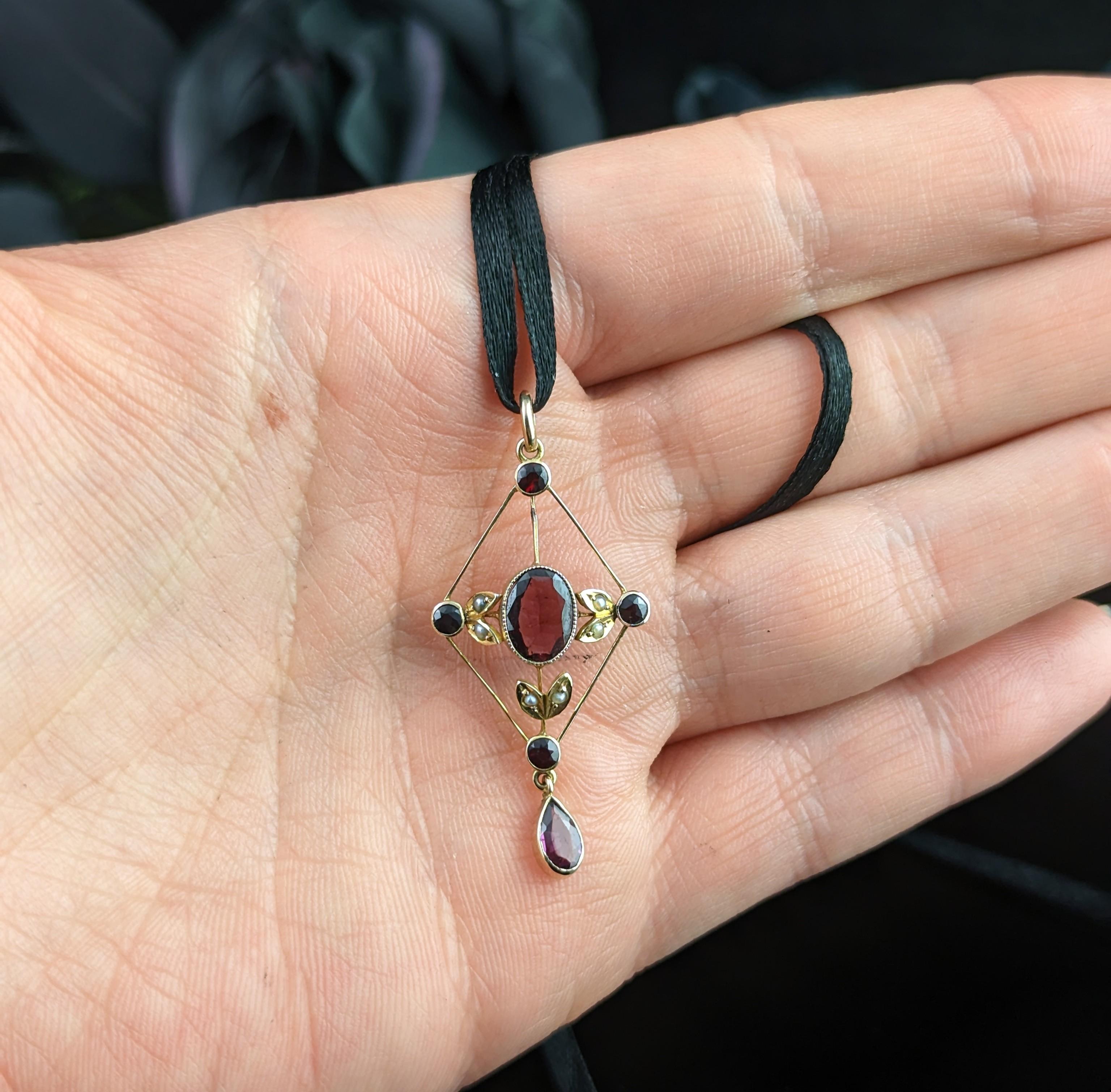 Antique Almandine Garnet and Pearl Lavalier Pendant, 9k Gold, Art ...