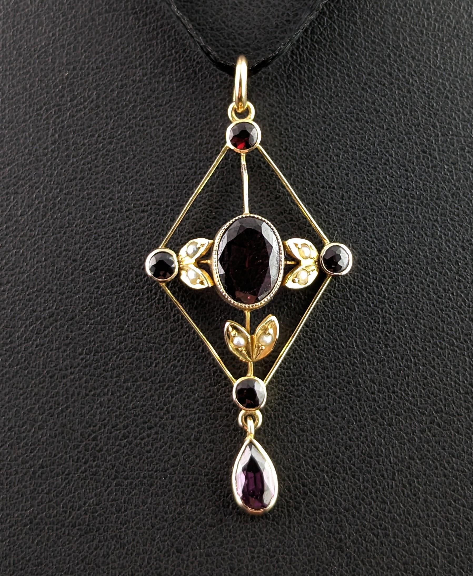 Antique Almandine Garnet and Pearl Lavalier Pendant, 9k Gold, Art ...