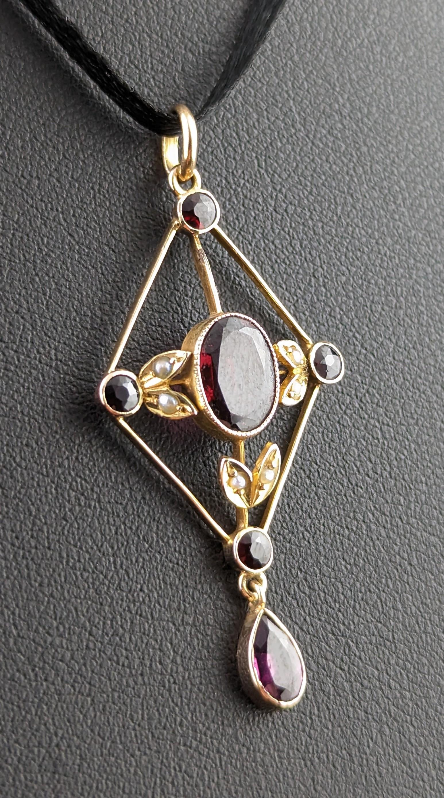 Antique Almandine Garnet and Pearl Lavalier Pendant, 9k Gold, Art ...
