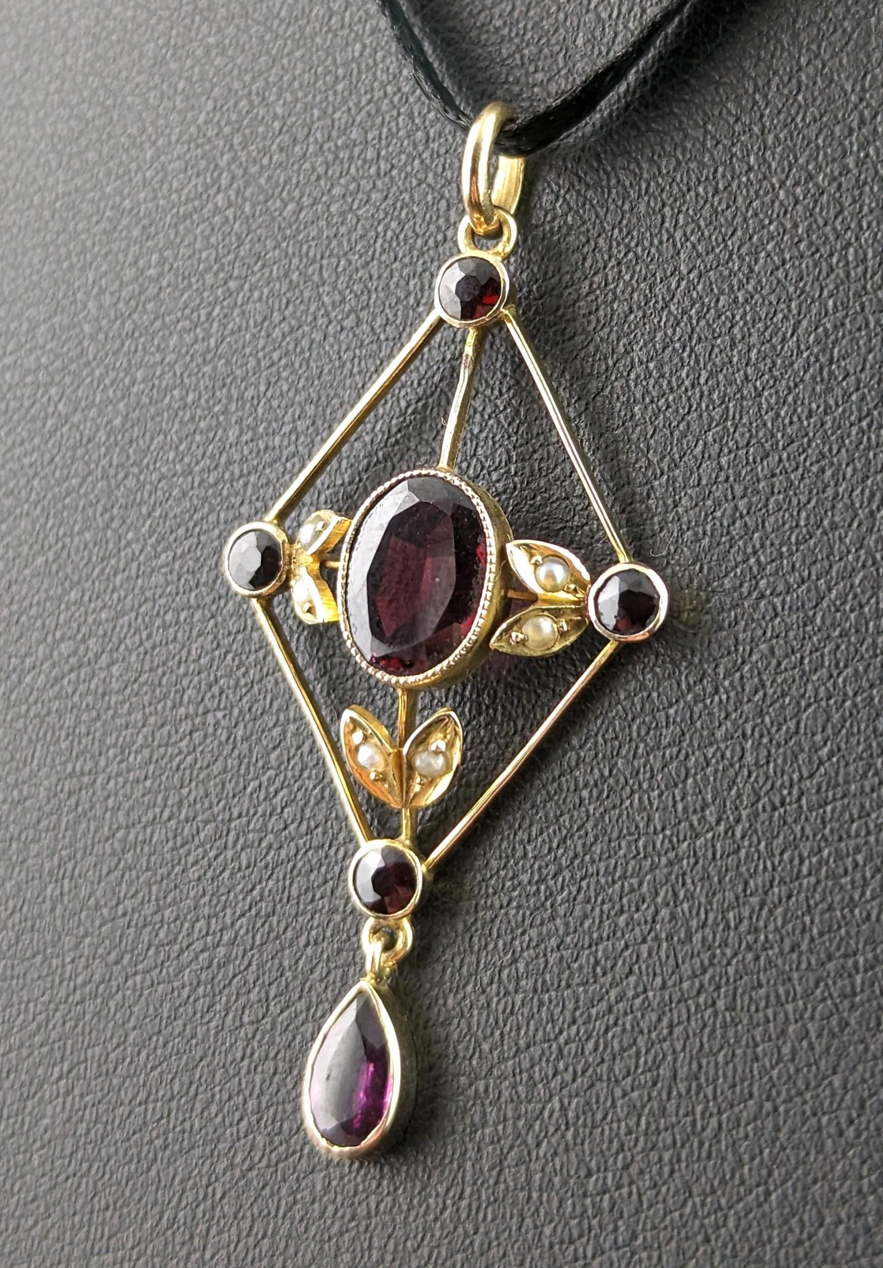Antique Almandine Garnet and Pearl Lavalier Pendant, 9k Gold, Art ...