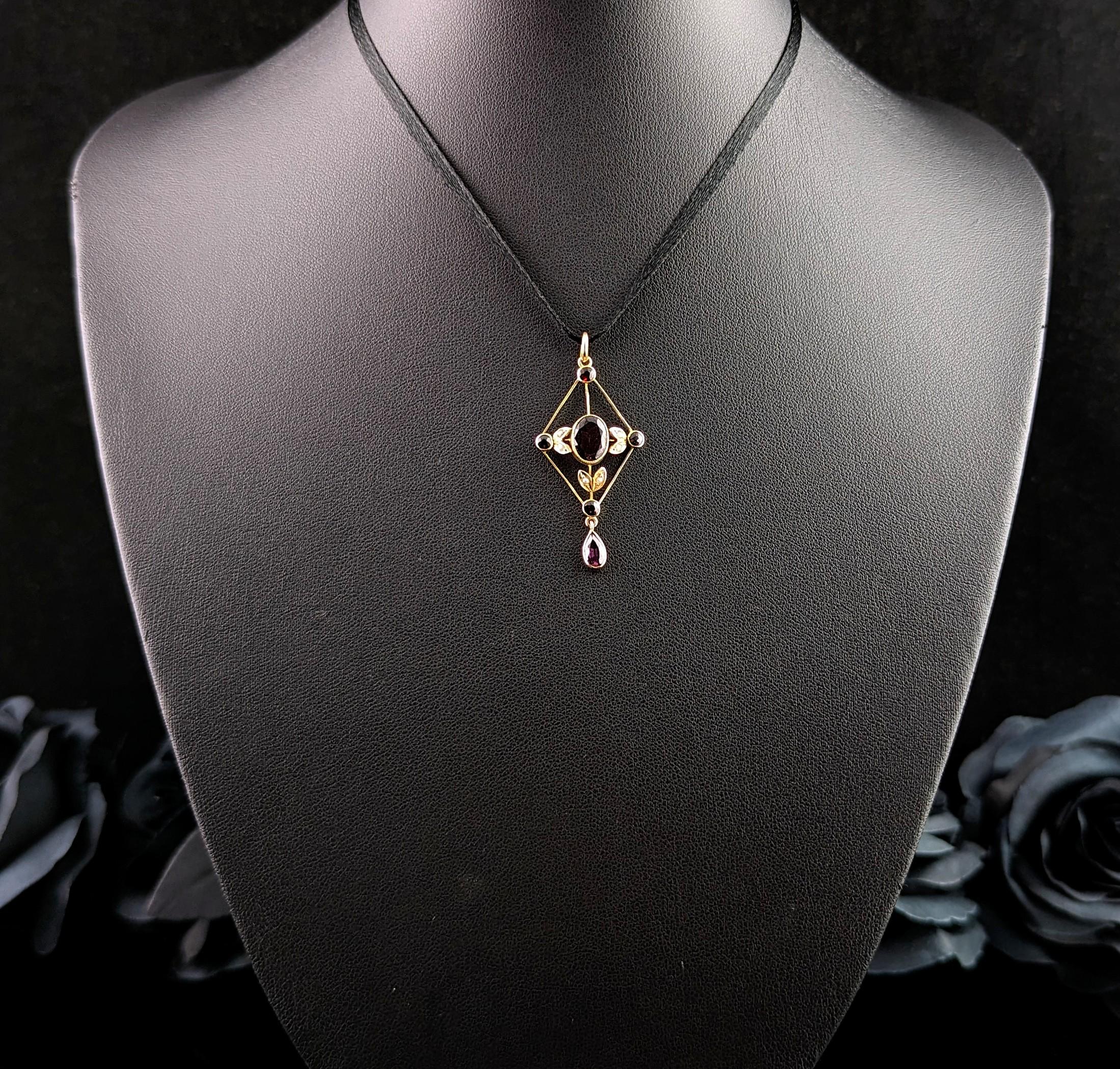 Antique Almandine Garnet and Pearl Lavalier Pendant, 9k Gold, Art ...