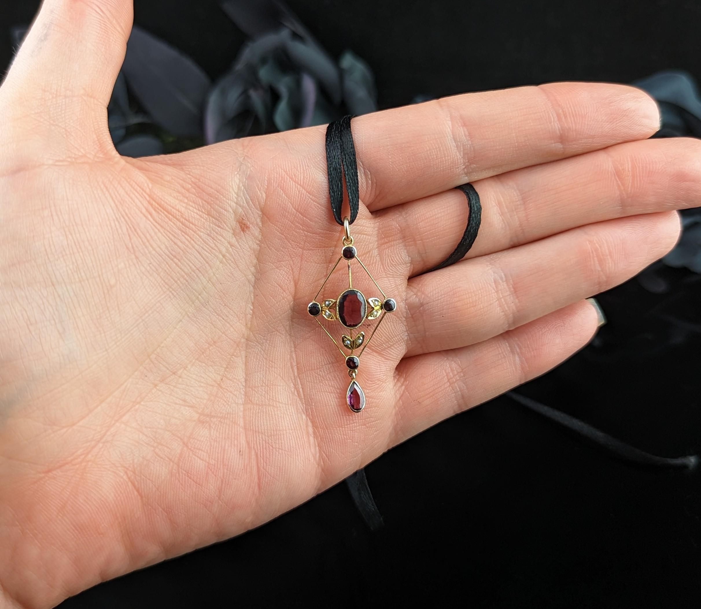 Antique Almandine Garnet and Pearl Lavalier Pendant, 9k Gold, Art ...