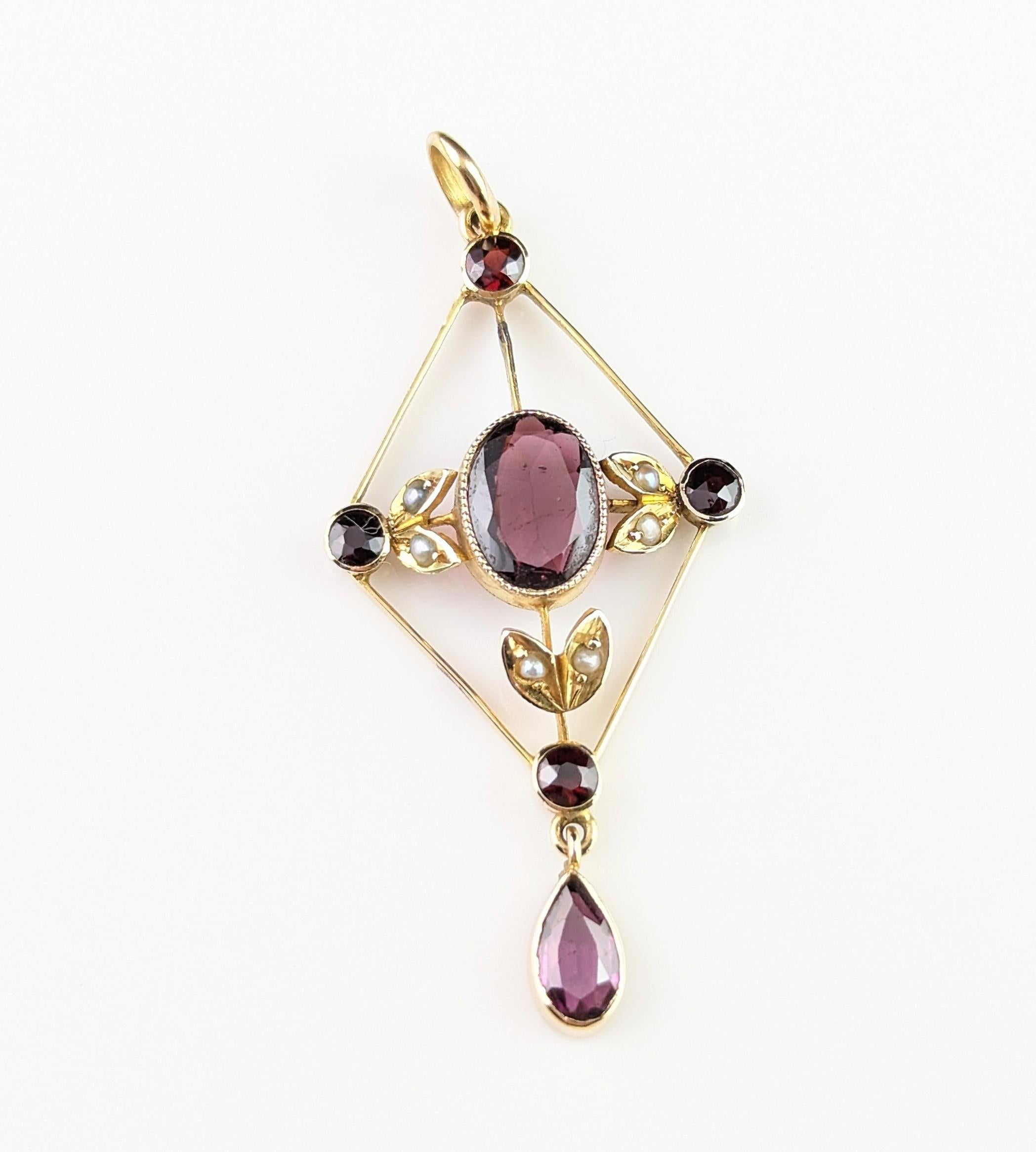Antique Almandine Garnet and Pearl Lavalier Pendant, 9k Gold, Art ...
