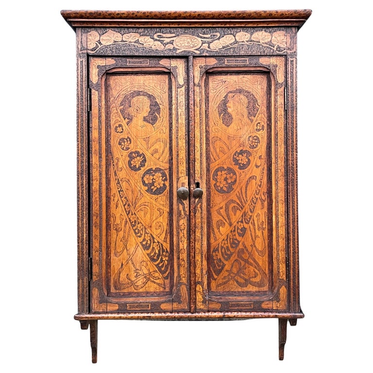 Antique Alphonse Mucha Style Wall Cabinet w. Intricate Pokerwork ...