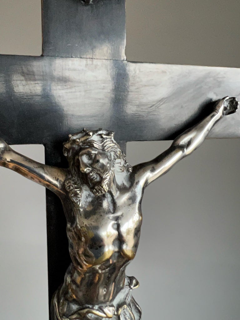 Antique Altar Crucifix Detailed Silvered Bronze Sculpture of Christ and ...