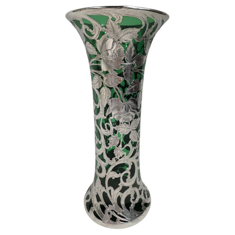Antique Alvin American Art Nouveau Green Floral Silver Overlay Vase at ...