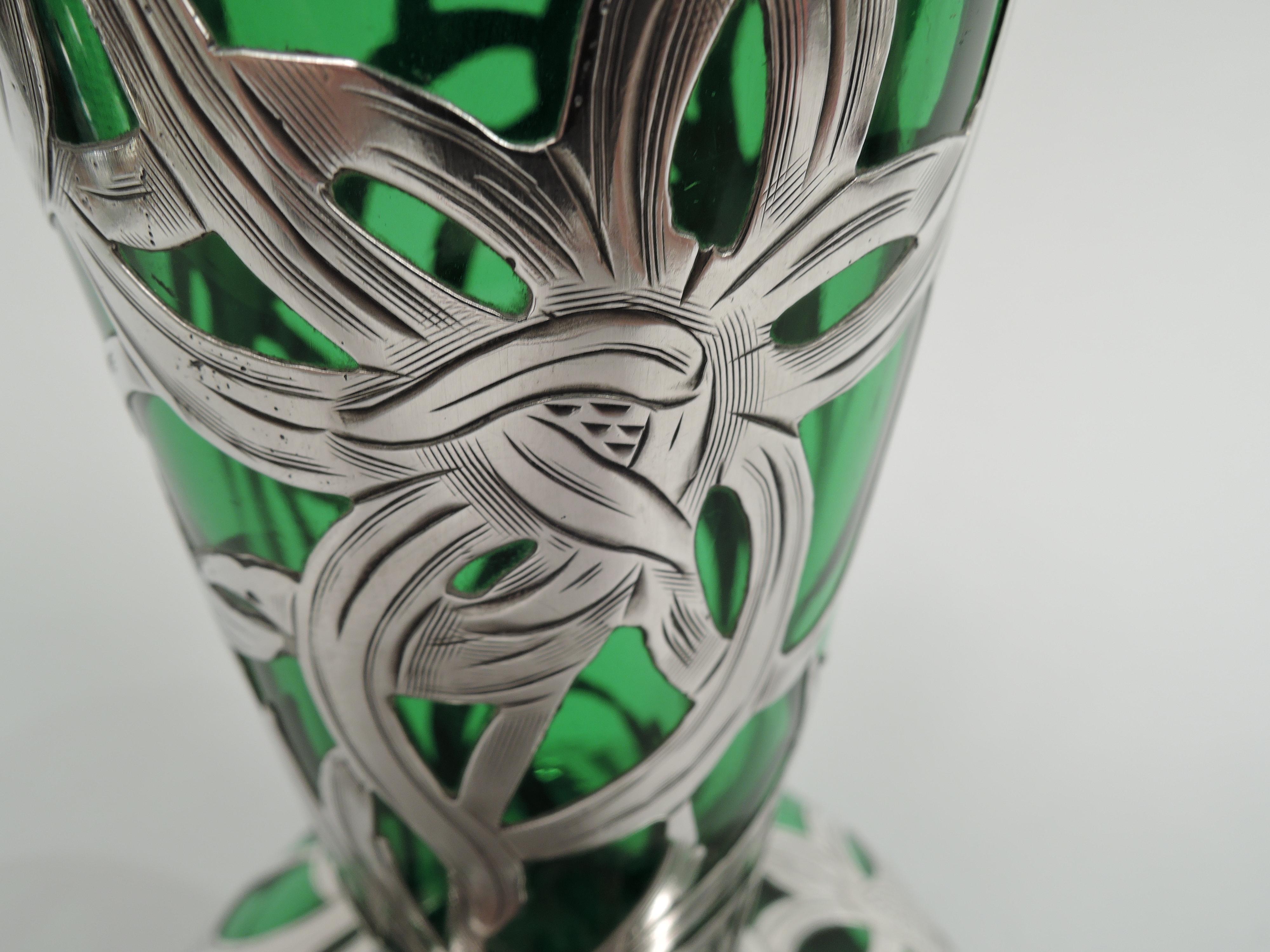 Antique Alvin American Art Nouveau Green Silver Overlay Vase For Sale ...