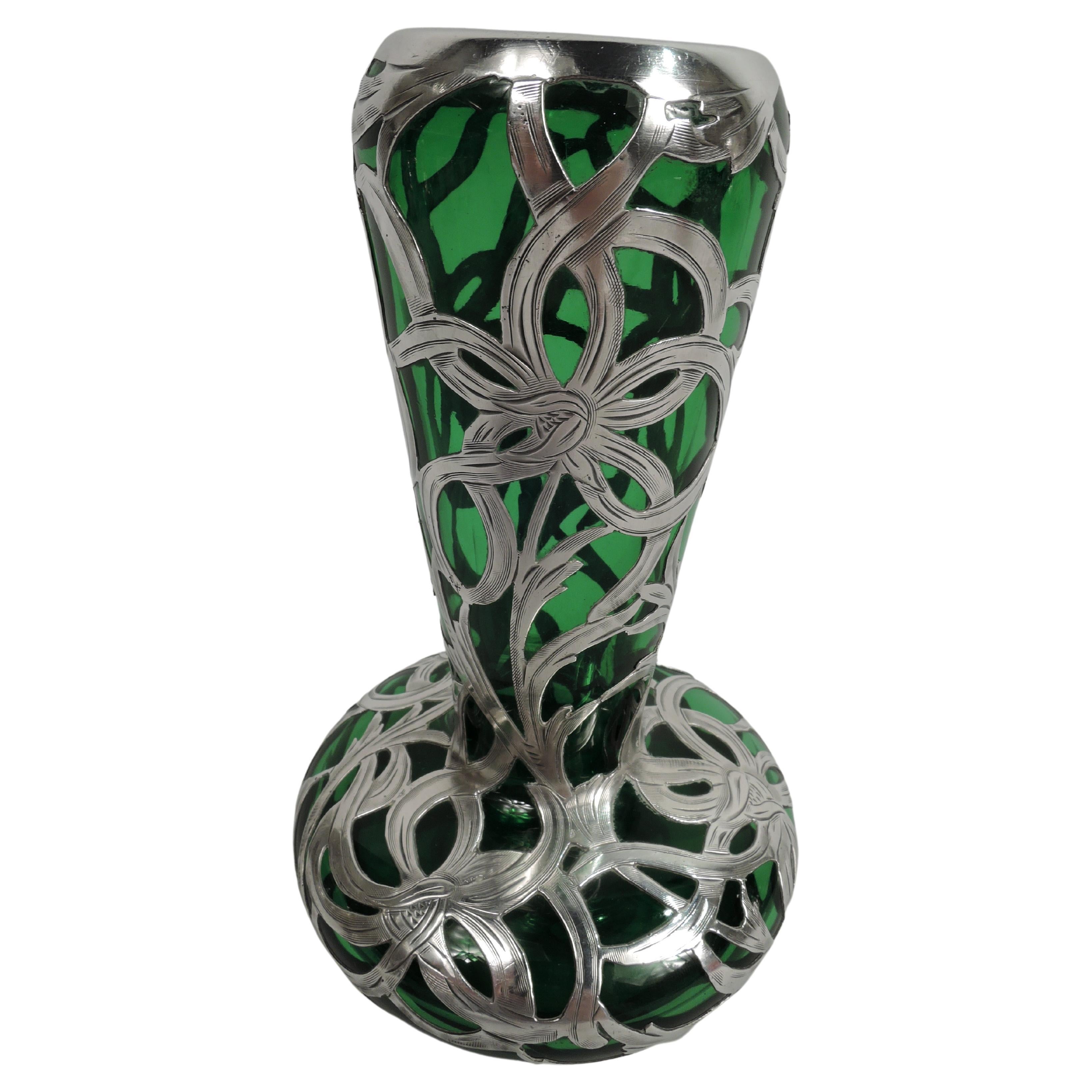 Antique American Art Nouveau Green Silver Overlay Vase For Sale at 1stDibs