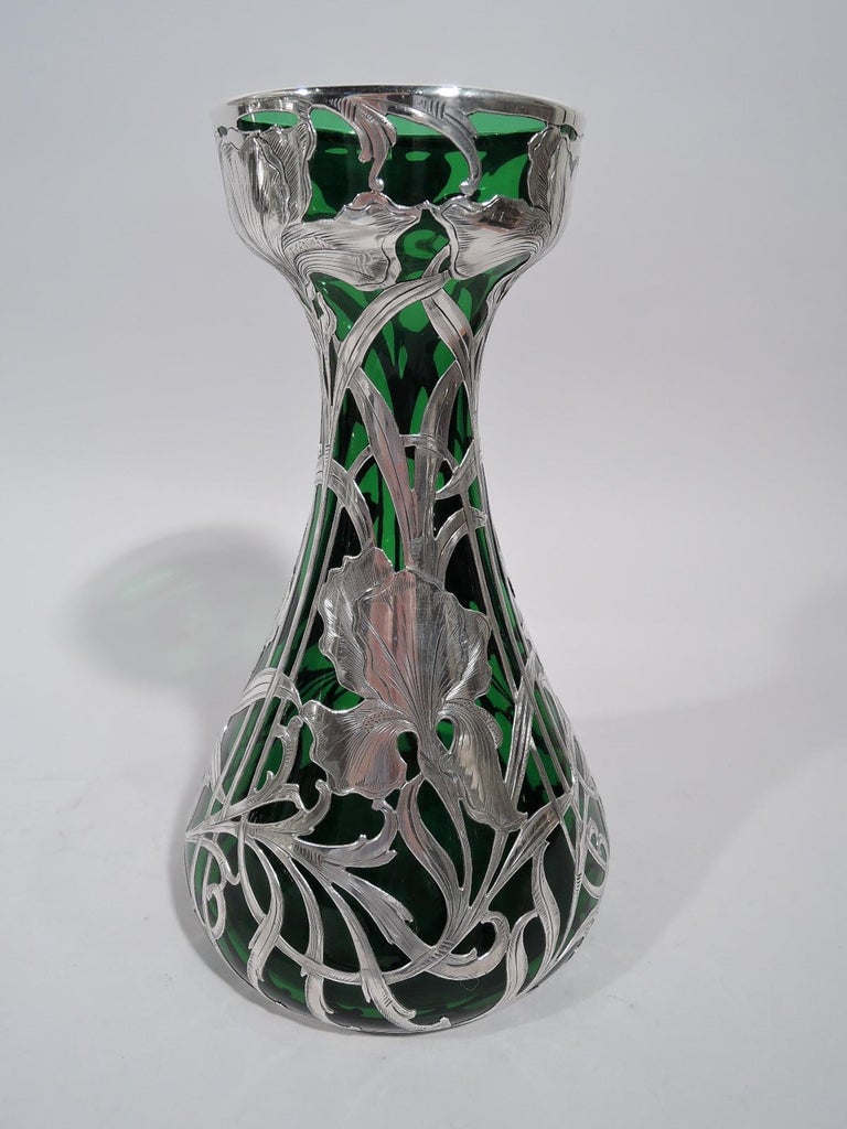 Antique Alvin Art Nouveau Green Silver Overlay Vase For Sale at 1stDibs