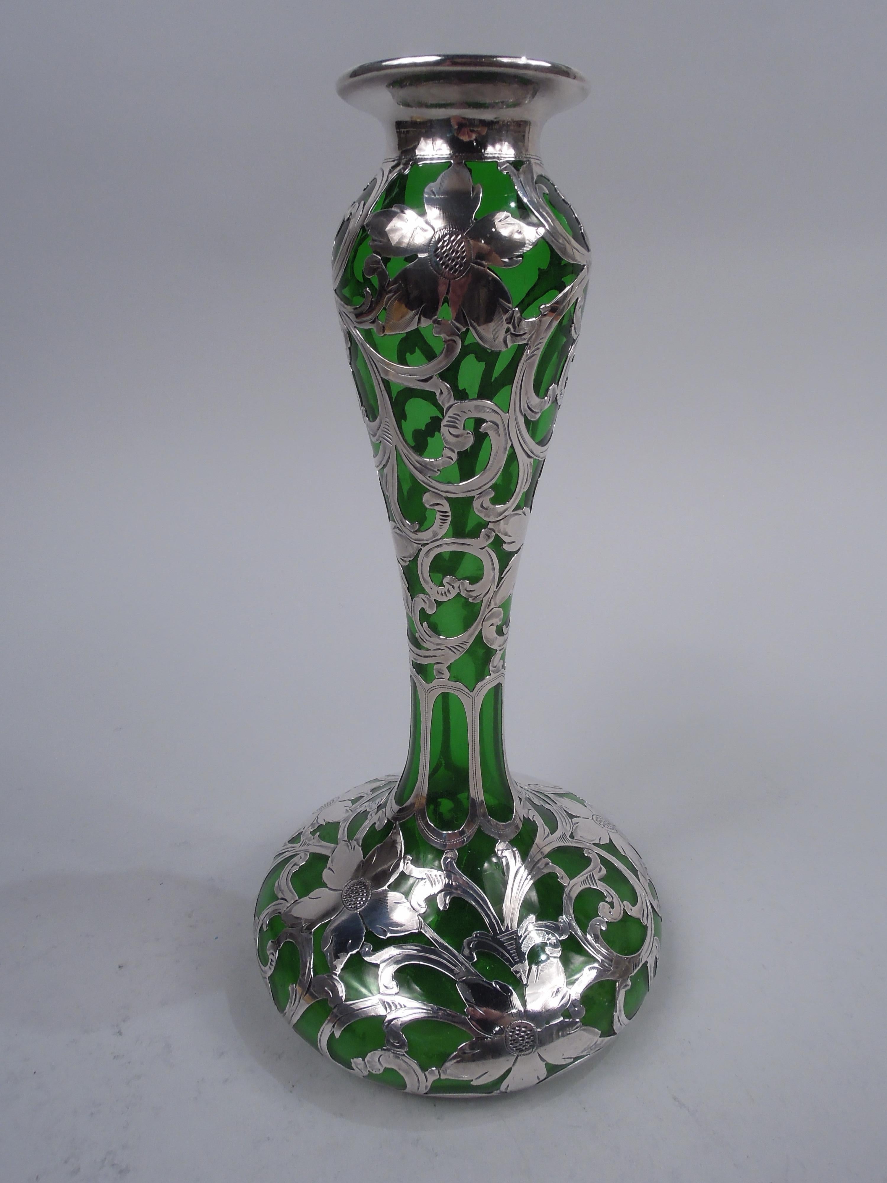 Antique Alvin Art Nouveau Green Silver Overlay Vase For Sale at 1stDibs