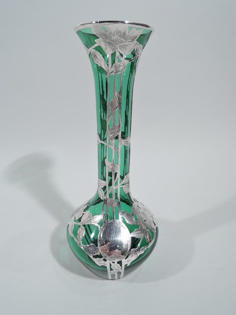 Antique Alvin Art Nouveau Green Silver Overlay Vase For Sale at 1stDibs