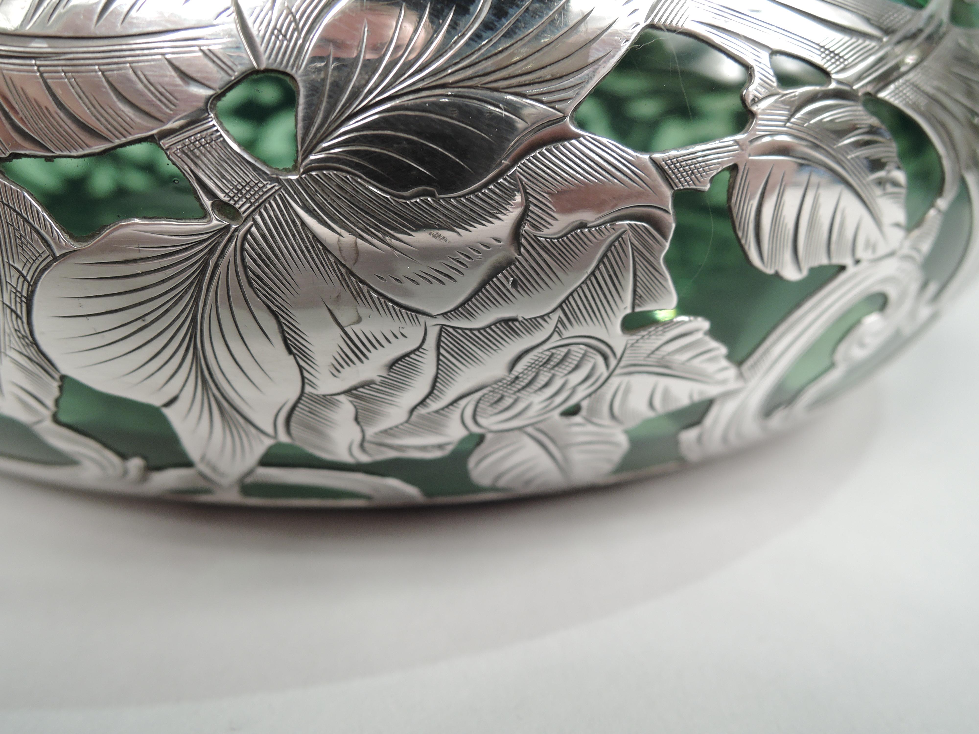 Antique Alvin Art Nouveau Green Silver Overlay Vase For Sale at 1stDibs