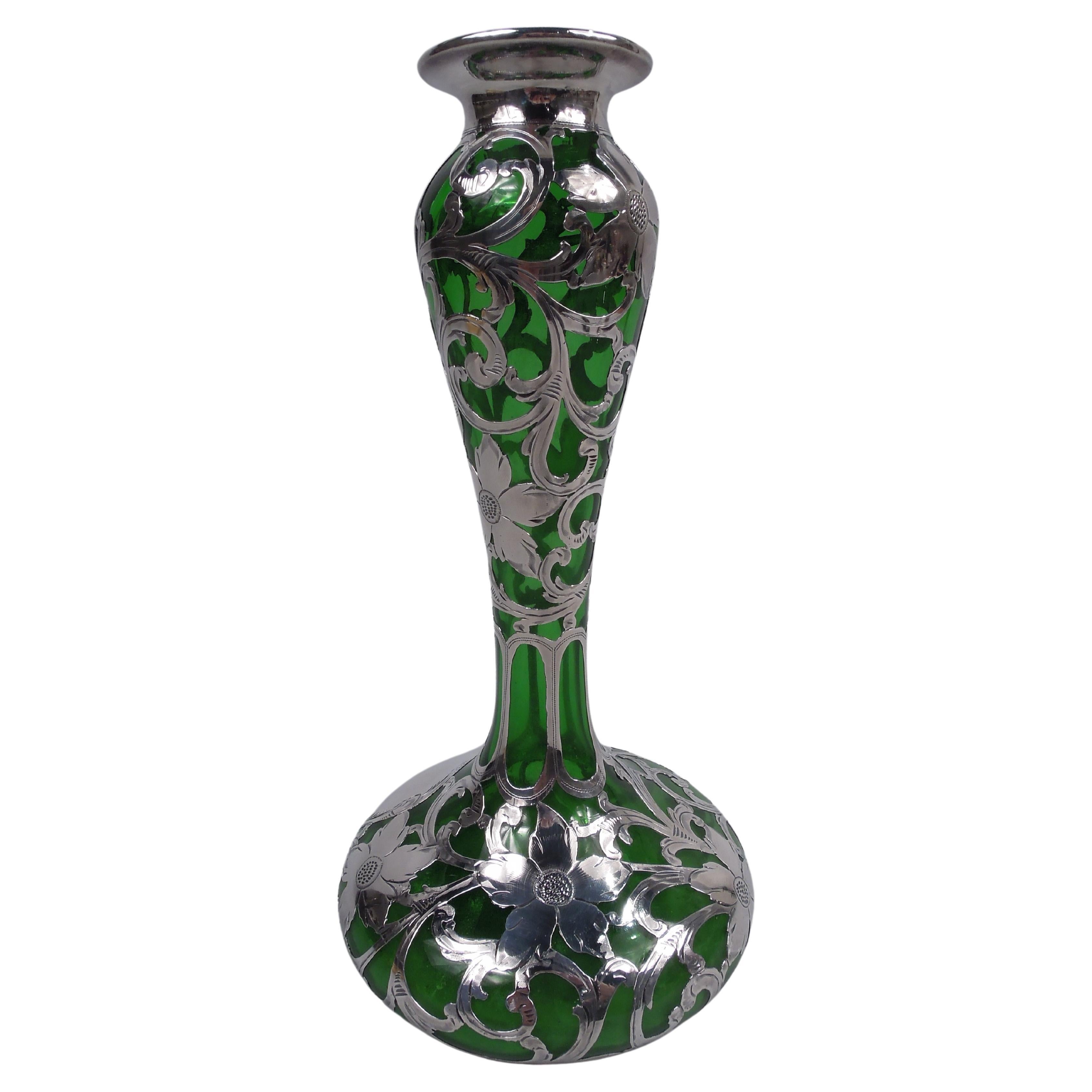 Antique Alvin Art Nouveau Green Silver Overlay Vase For Sale at 1stDibs