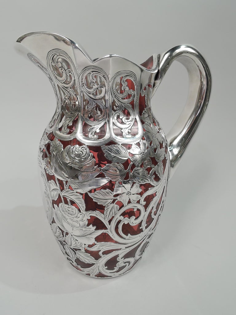 Antique Alvin Art Nouveau Red Silver Overlay Rose Pitcher For Sale at ...
