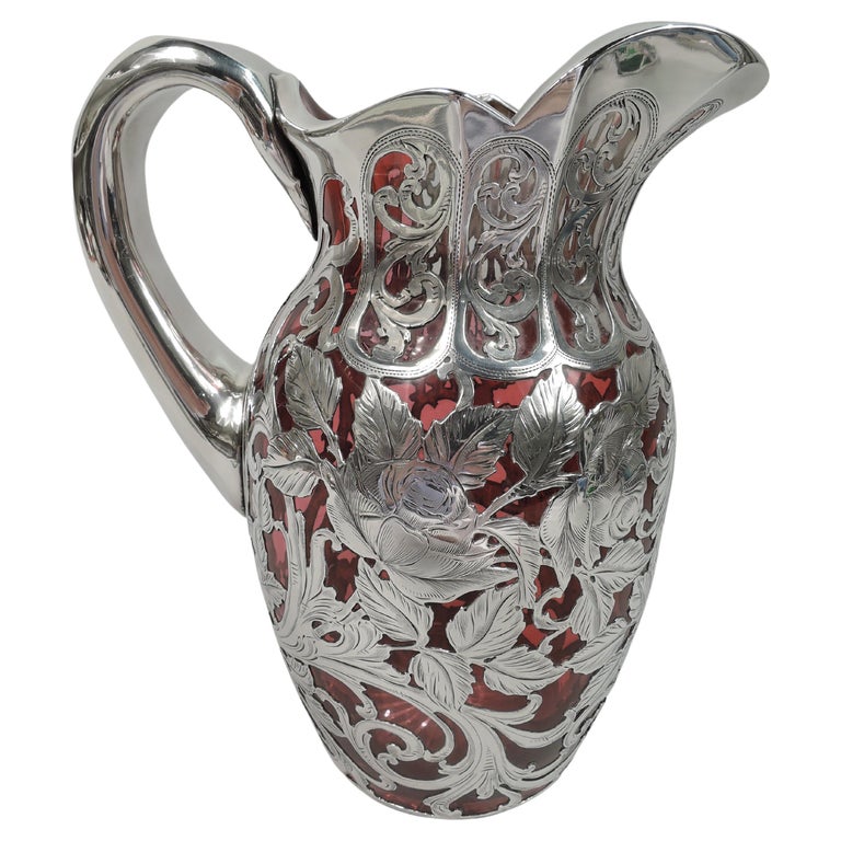 Antique Alvin Art Nouveau Red Silver Overlay Rose Pitcher For Sale at ...