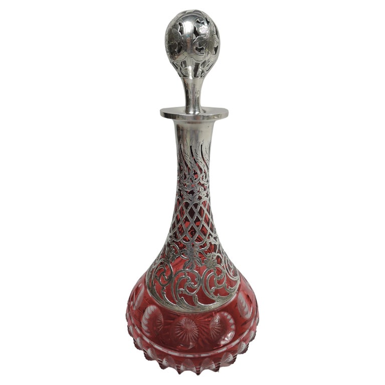 Antique Alvin Art Nouveau Silver Overlay Cranberry Cut-Glass Decanter ...